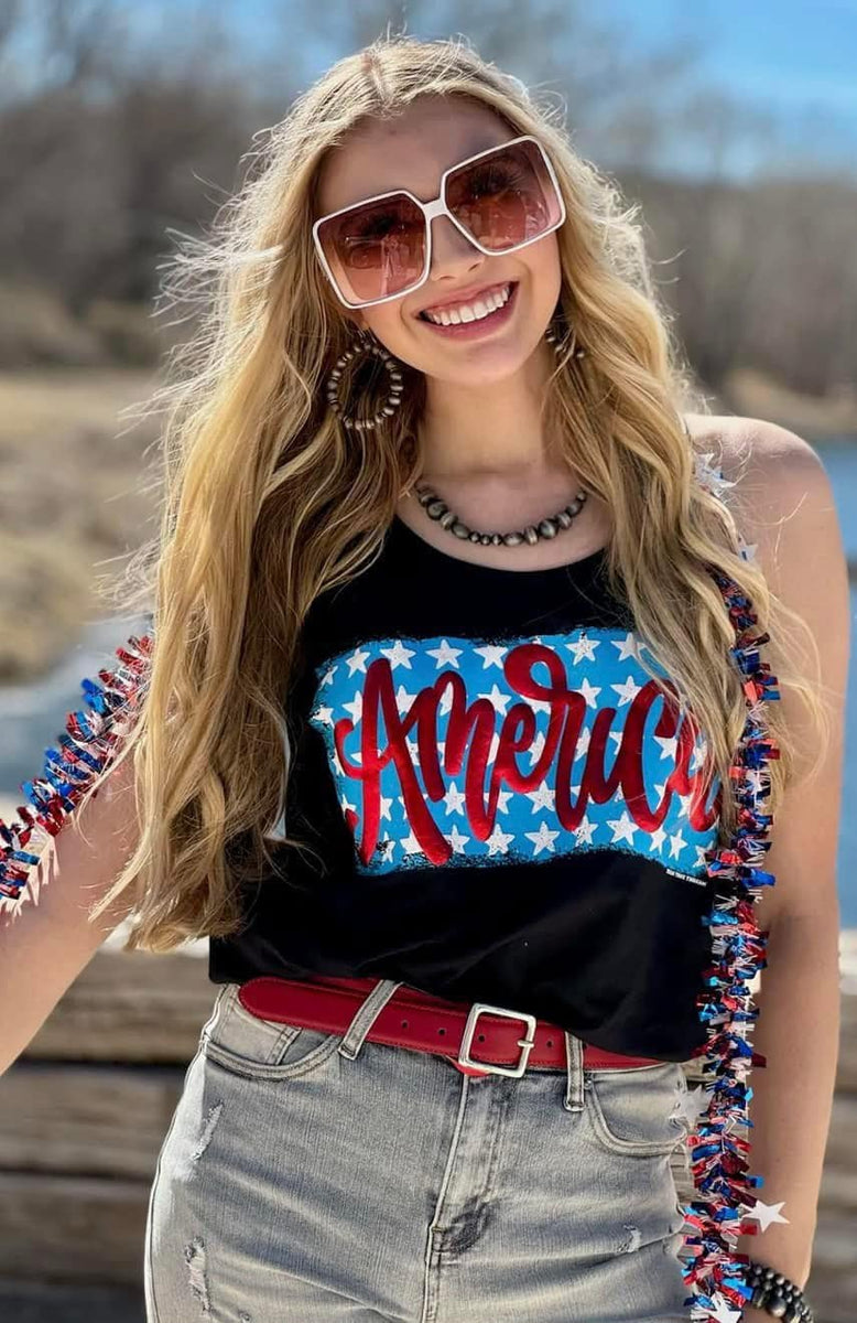 America on Stars in Red Metallic Puff Tank – Sunkissed Daisy Boutique